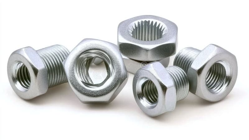 Collection of Silver Metal Nuts in Various Sizes and Designs on White ...