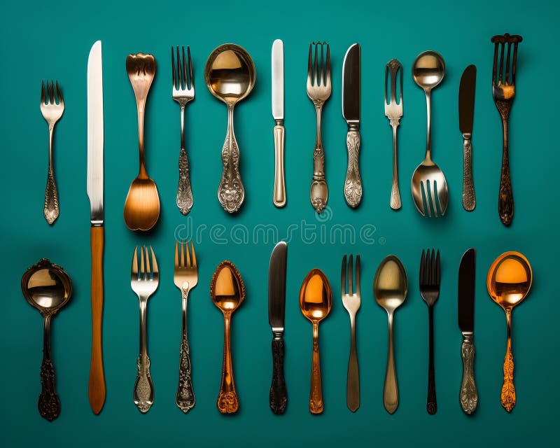A Collection of Silverware and Cutlery on a Blue Background Stock ...