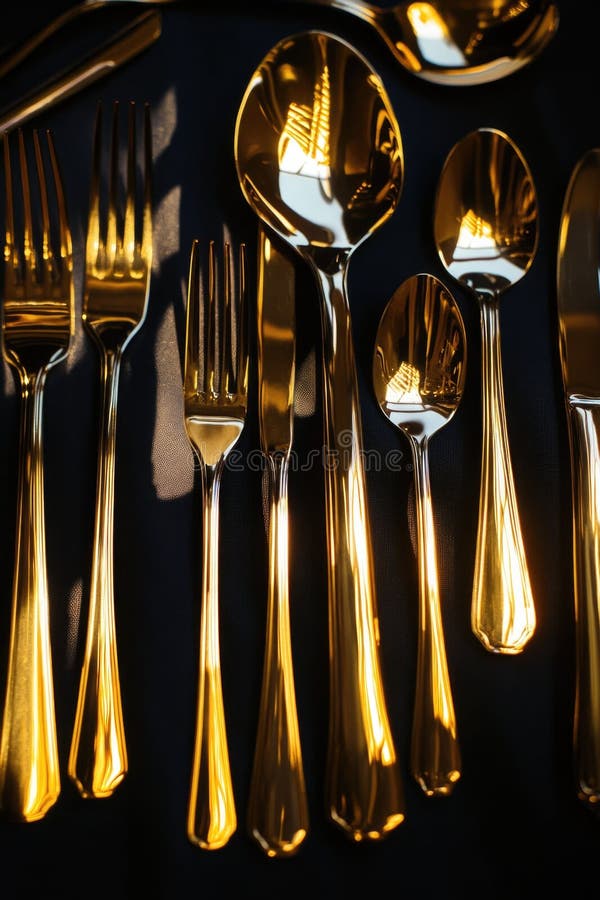 A Collection of Silverware Sits Atop a Table, Ready for Use Stock Photo ...
