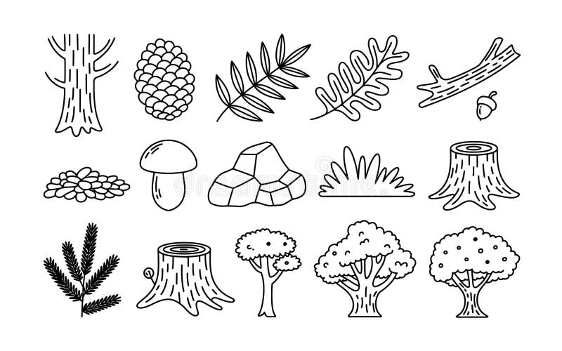 Forest and Nature Elements Icons Line Art Tree Pinecone Stock ...