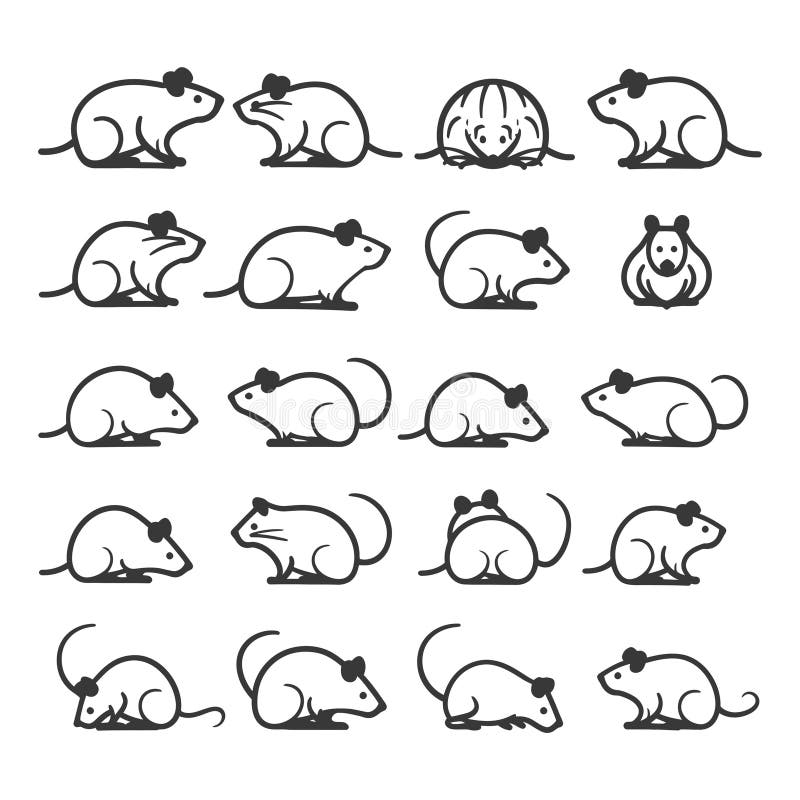 Collection of Sixteen Cute Mouse Line Art Illustrations Stock Vector ...
