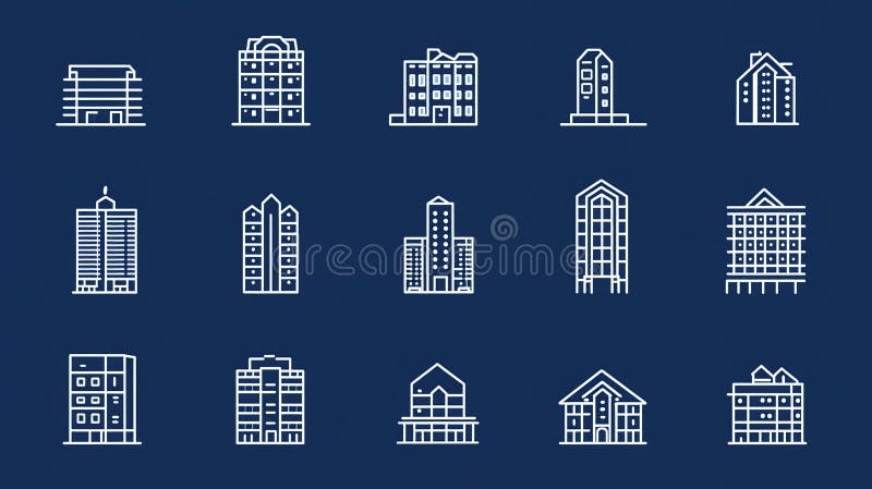 Collection of Simple Line Icons Depicting Various Building Types Stock ...