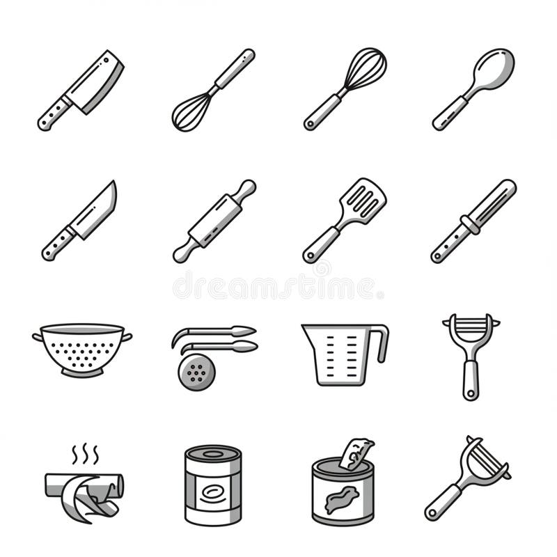 A Collection of Simple Line Icons Representing Various Kitchen Utensils ...