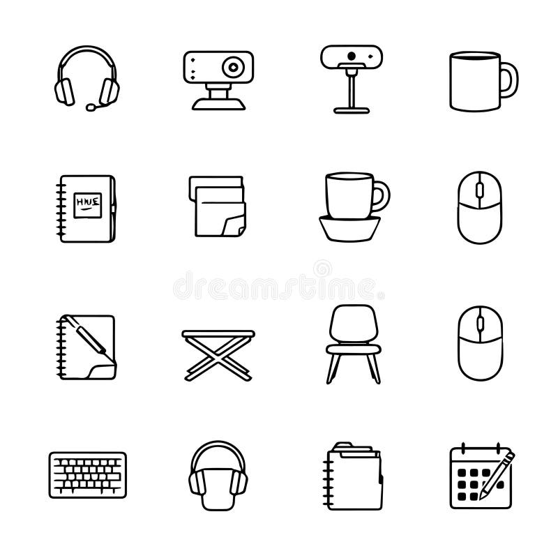 Outline Drawings of Common Office and Workspace Objects Set of Icon ...