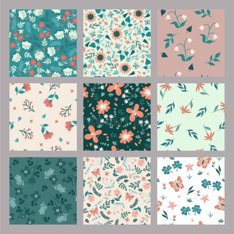 Collection of Simple Seamless Patterns with Flowers. Vector Graphics ...