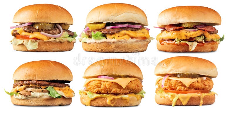 Collection of Six Burgers Isolated Stock Photo - Image of fish, food ...