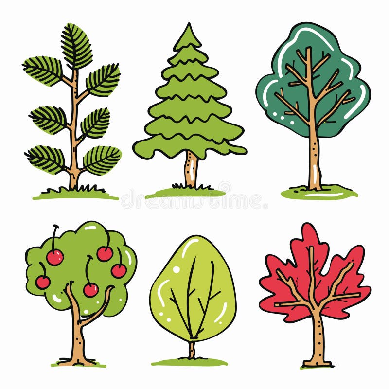 Collection Six Cartoon Trees Featuring Distinct Styles Leaf Patterns ...