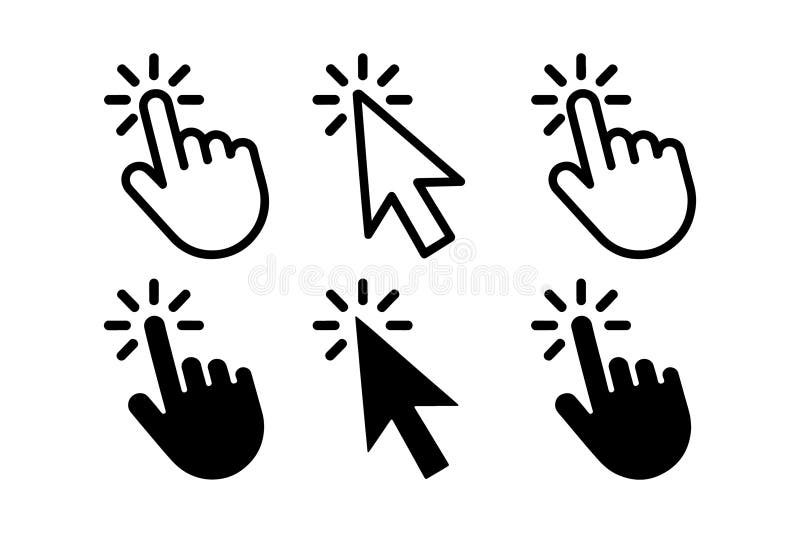 Cursor Hand Pointer and Arrow Icons Set on White Background Click Stock Vector - Illustration of ...