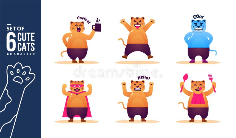 Collection of Six Cute Cats Character in Different Poses Stock Vector ...