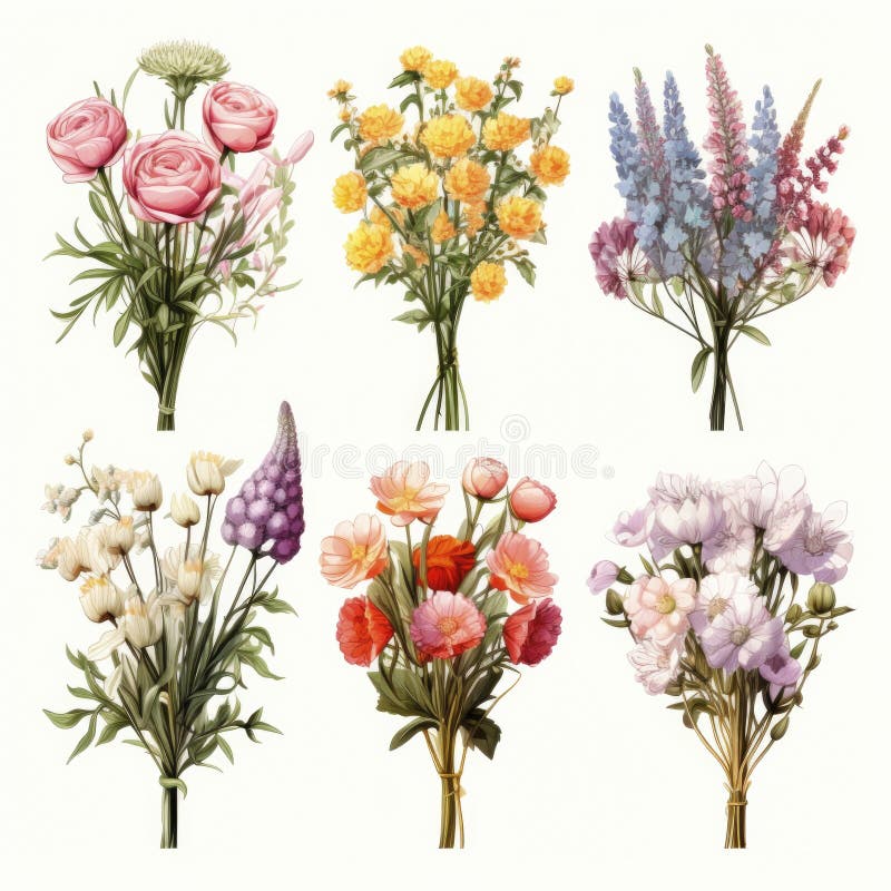 Collection of Six Different Botanical Illustrations with Various ...