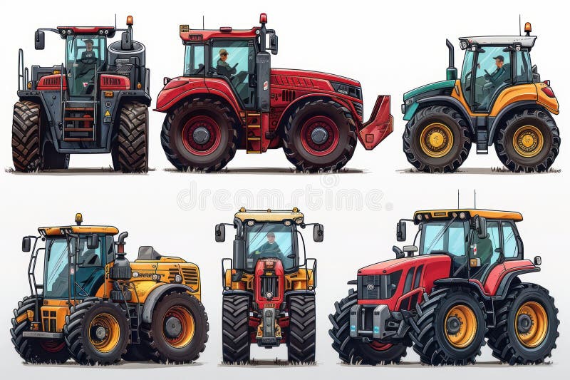 A Collection of Six Different Tractor Illustrations. Each Tractor is in ...