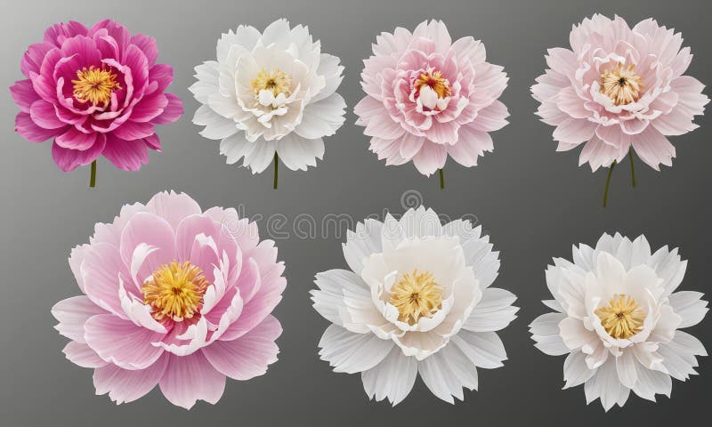 Collection Six Distinct Pink and White Peony Flowers in Various Stages ...