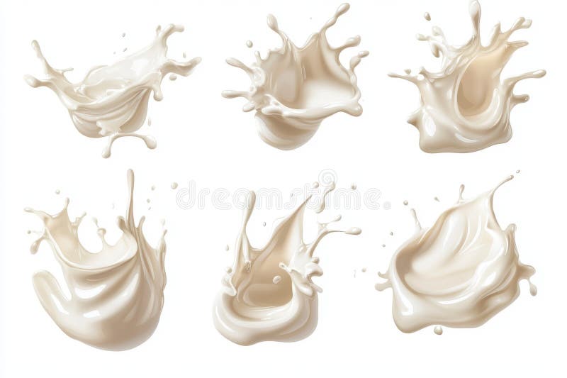 A Collection of Six Milk Splashes Isolated on a White Background in a ...