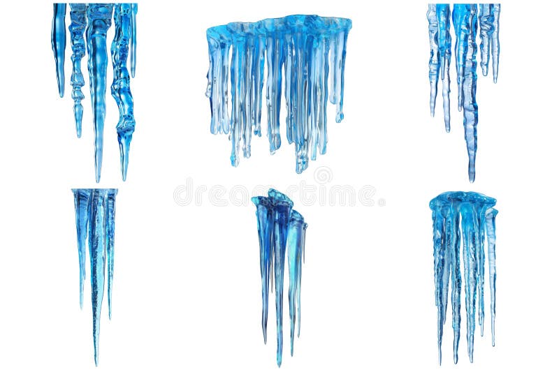 Collection of Six Transparent Blue Icicles Hanging from a Transparent ...