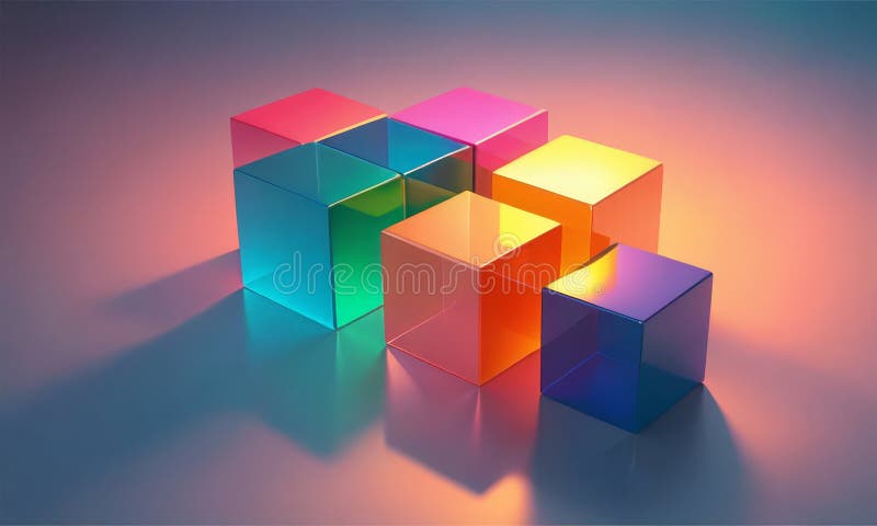 Collection Six Transparent Cubes in Various Colors, Arranged in ...