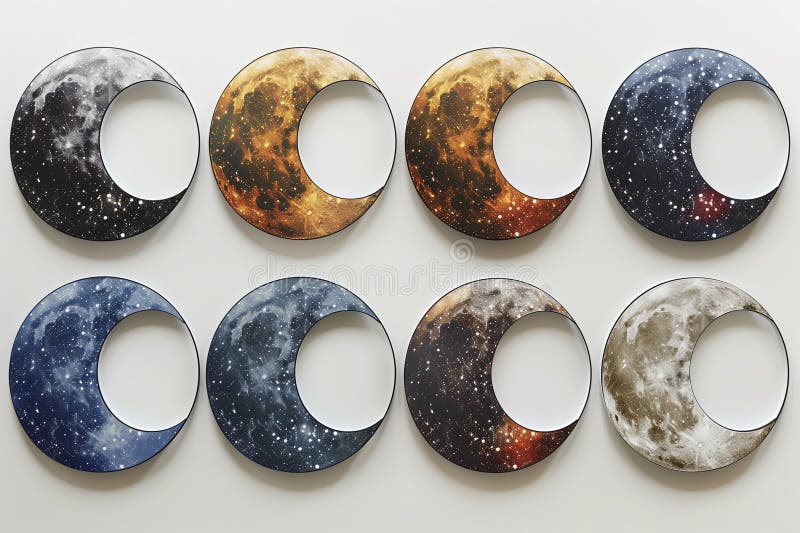 Collection of Six Varied Moon-shaped Magnets Resting on a Tabletop ...