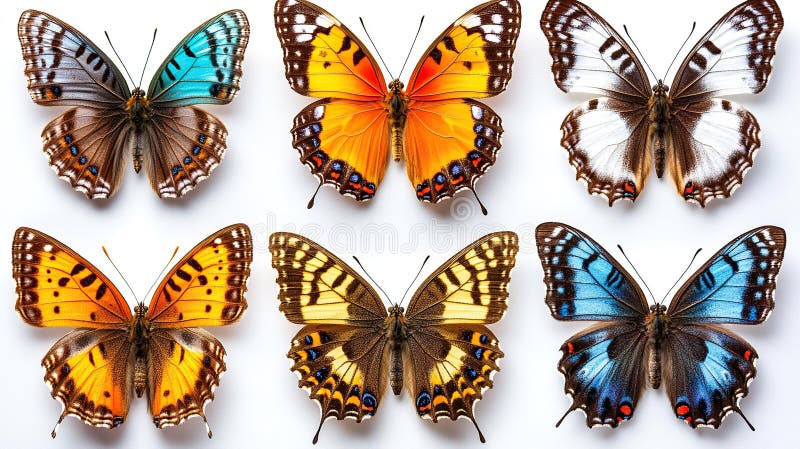 Collection of Six Vibrant Butterflies with Diverse Wing Patterns and ...