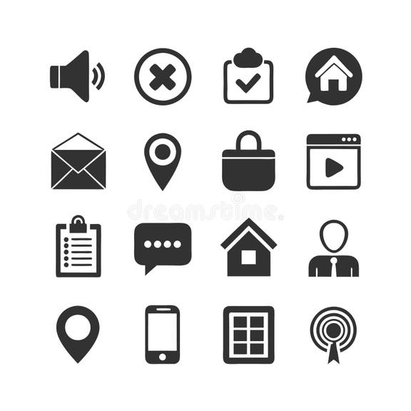 Collection of Sixteen Vector Icons Representing Common Functionalities ...