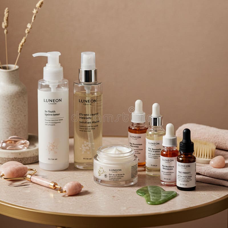 A Collection of Skincare Products Displayed on a Beige Surface. Visible ...