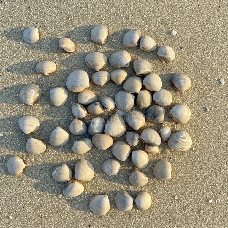A Collection of Small, Beige Seashells Scattered Across Sandy Beach ...
