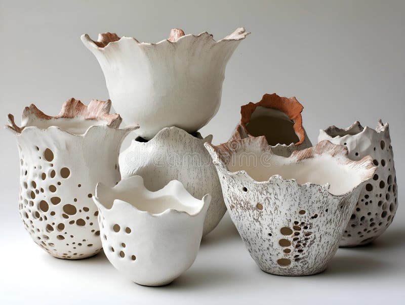 Collection of Small Ceramic Pots, White with Texture, Various Shapes ...