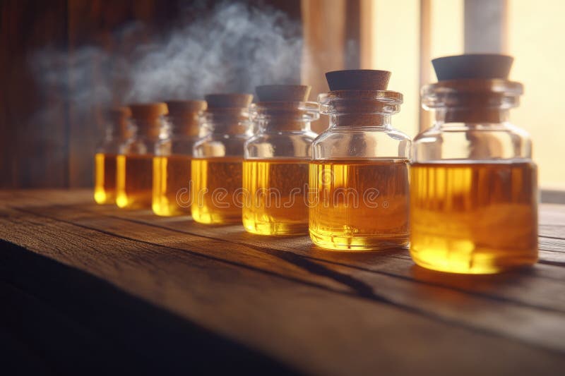 A Collection of Small Glass Containers Filled with Various Liquids ...