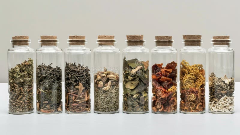 A Collection of Small Glass Jars Each Containing a Different Herbal ...