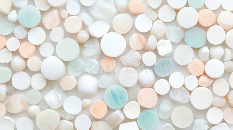 A Collection of Small, Round, White and Light Blue Objects Arranged in ...