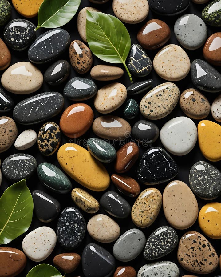 Collection of Smooth, Colorful Pebbles Complemented by Fresh Greenery ...