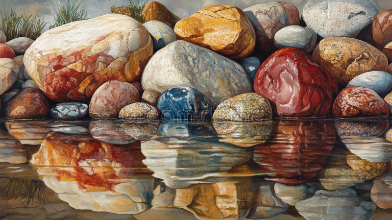 A Collection of Smooth, Colorful Rocks Reflecting in Still Water Stock ...