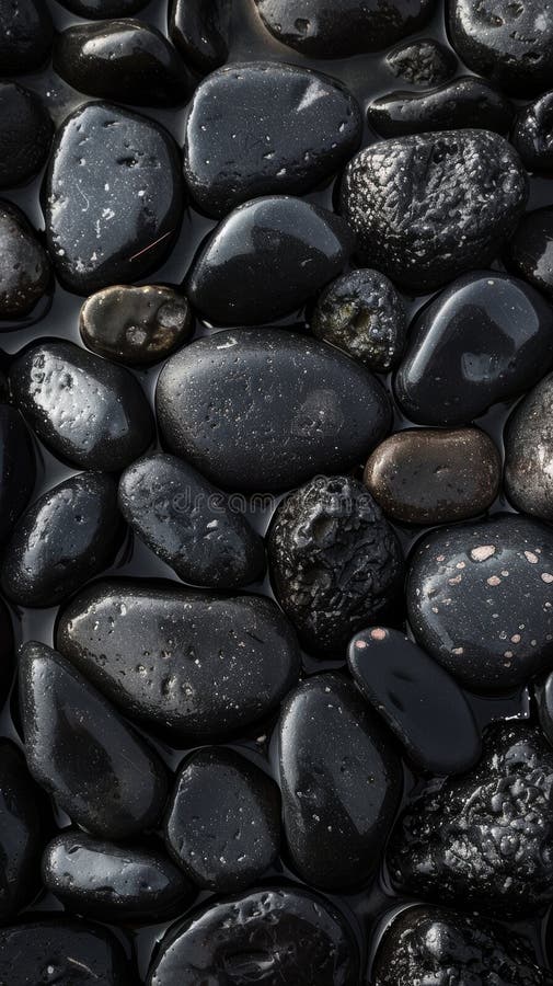 A Collection of Smooth, Glossy Black Volcanic Rocks, Some with a Wet ...
