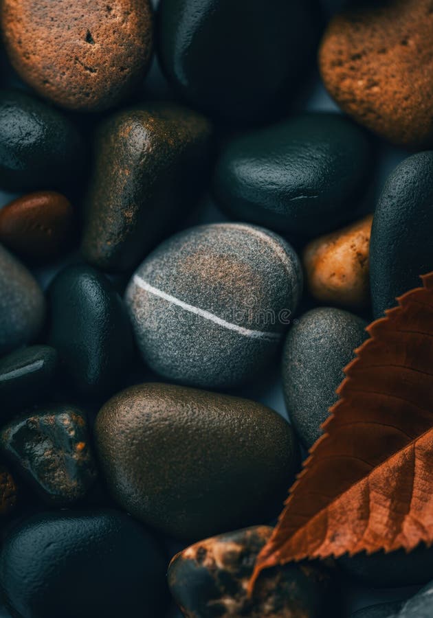 A Collection of Smooth Stones with a Single Brown Leaf Resting on Top ...