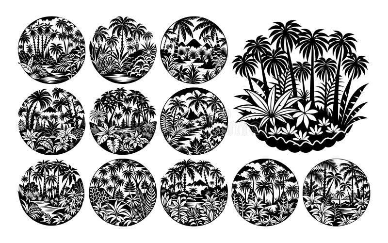 Collection of Some Palm Tree Jungle in Circle Form Design Stock Vector ...