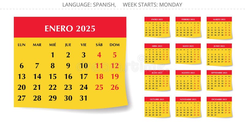 Collection of Spanish Calendars for 2025. Vector Illustration for Each ...