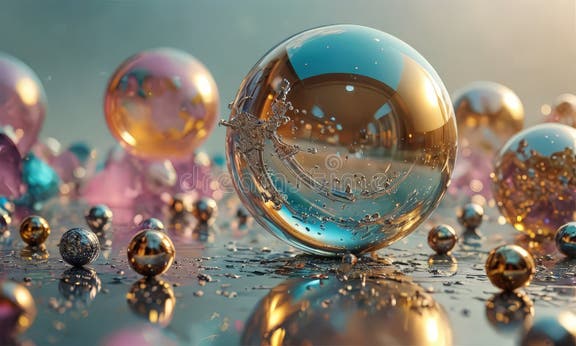 Collection Spherical Objects, Including Gold, Silver, and Blue Spheres ...