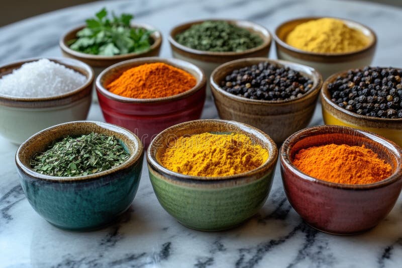 A Collection of Spices in Bowls of Various Colors Stock Photo - Image ...