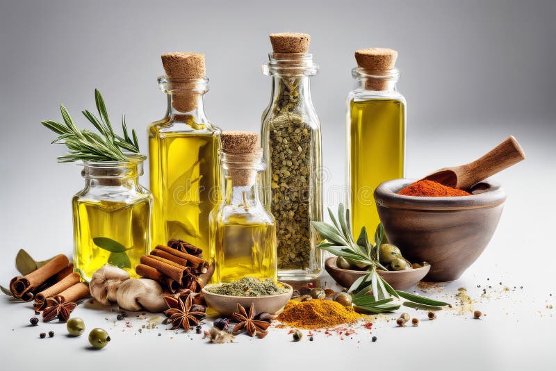 A Collection of Spices and Oils are Displayed on a Table Stock Image ...