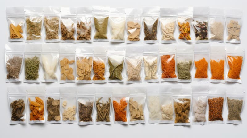 A Collection of Spices in Small Plastic Bags Arranged in Rows on a ...