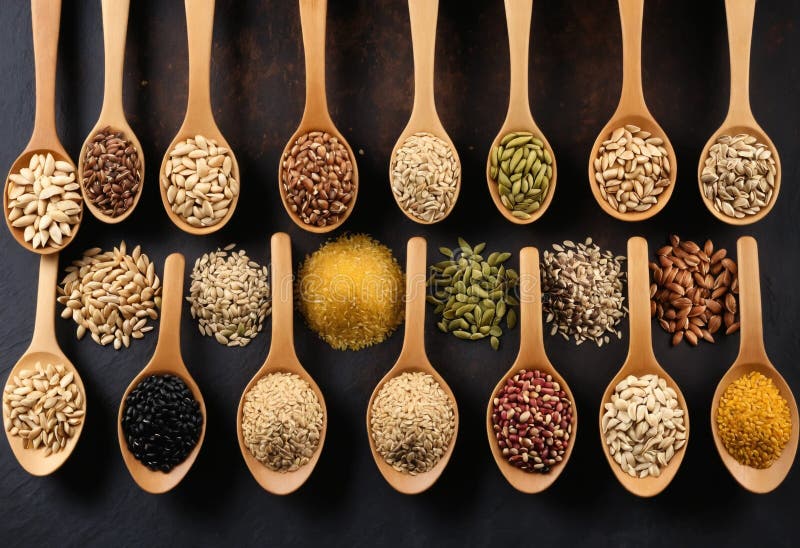 A Collection of Spoons with Various Grains of Different Colors Stock ...