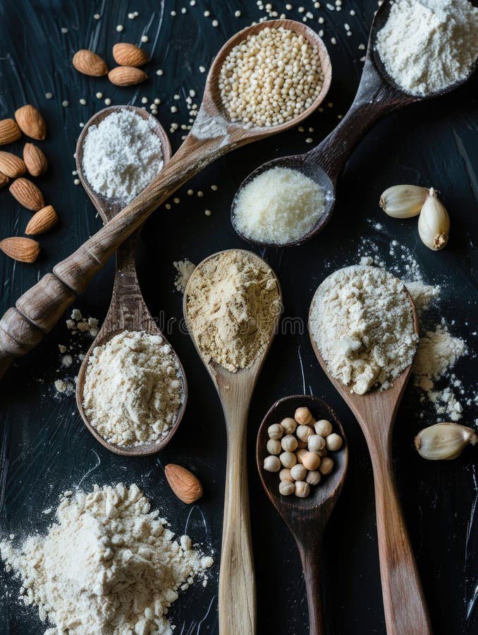 A Collection of Spoons with Various Types of Flour and Nuts Stock Photo ...