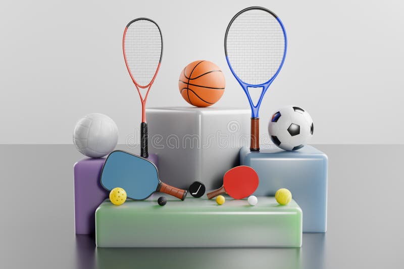 Collection of Sports Balls and Rackets of Various Sizes on a Pedestal ...