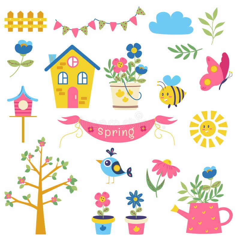 Collection of Spring Elements. Flowers, Bee, Butterfly, Bird Stock ...