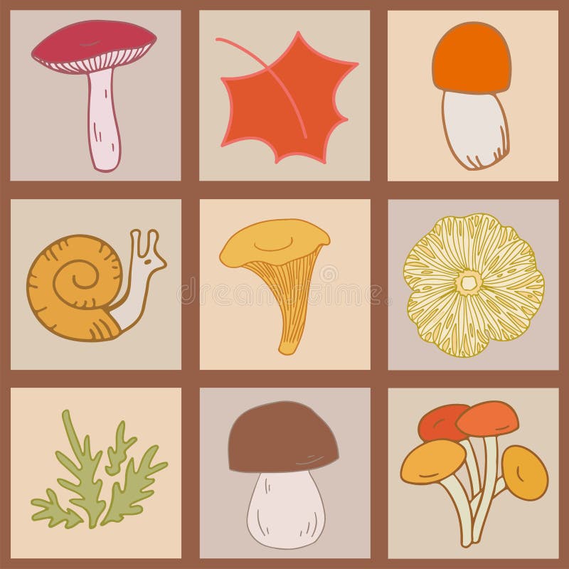 Collection of Square Cards with Hand Drawn Autumn Symbols. Checkered ...