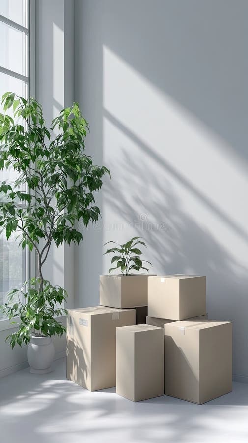 A Collection of Stacked Brown Moving Boxes Occupies a Bright Room ...