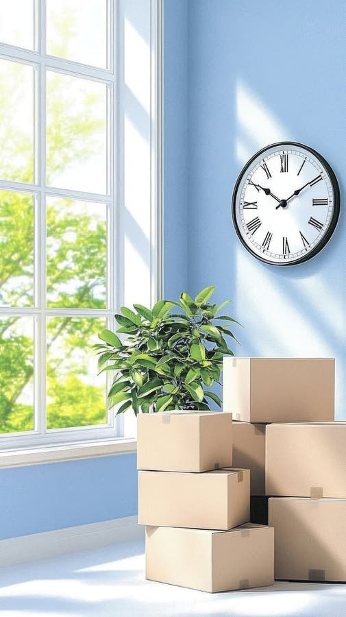 A Collection of Stacked Brown Moving Boxes Occupies a Bright Room, Complemented by a Wall Clock ...