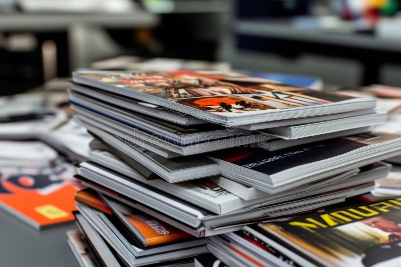 Collection of Stacked Magazines at a Workspace Showcasing Various Cover ...