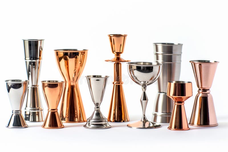 Collection of Stainless Steel Jiggers Isolated on White Background ...