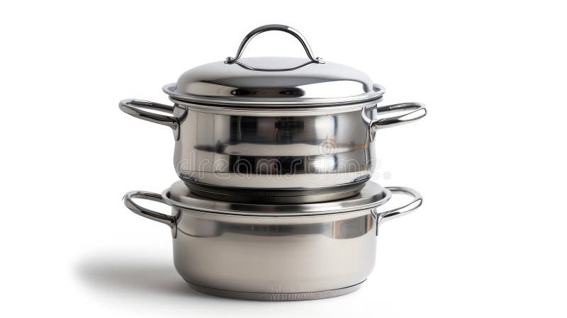 A Collection of Stainless Steel Pots and Pans Stacked in a Kitchen ...