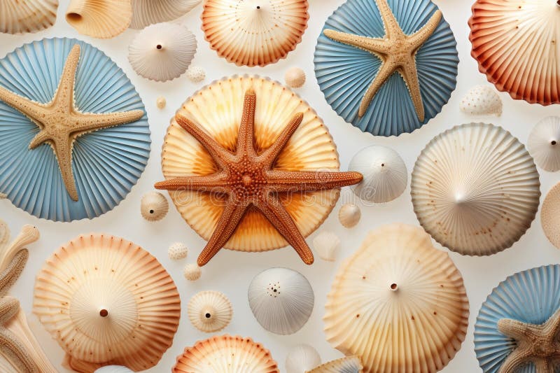 A Collection of Starfish and Shells Arranged on a White Surface ...
