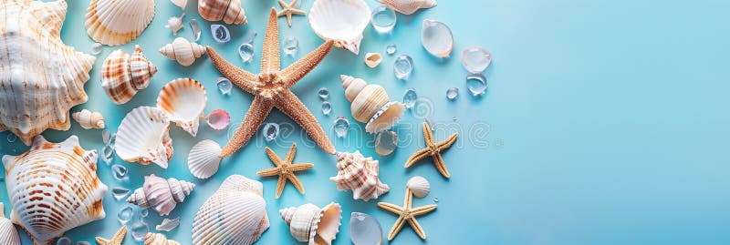 Collection of Starfish and Various Shell on Blue Background with Copy ...